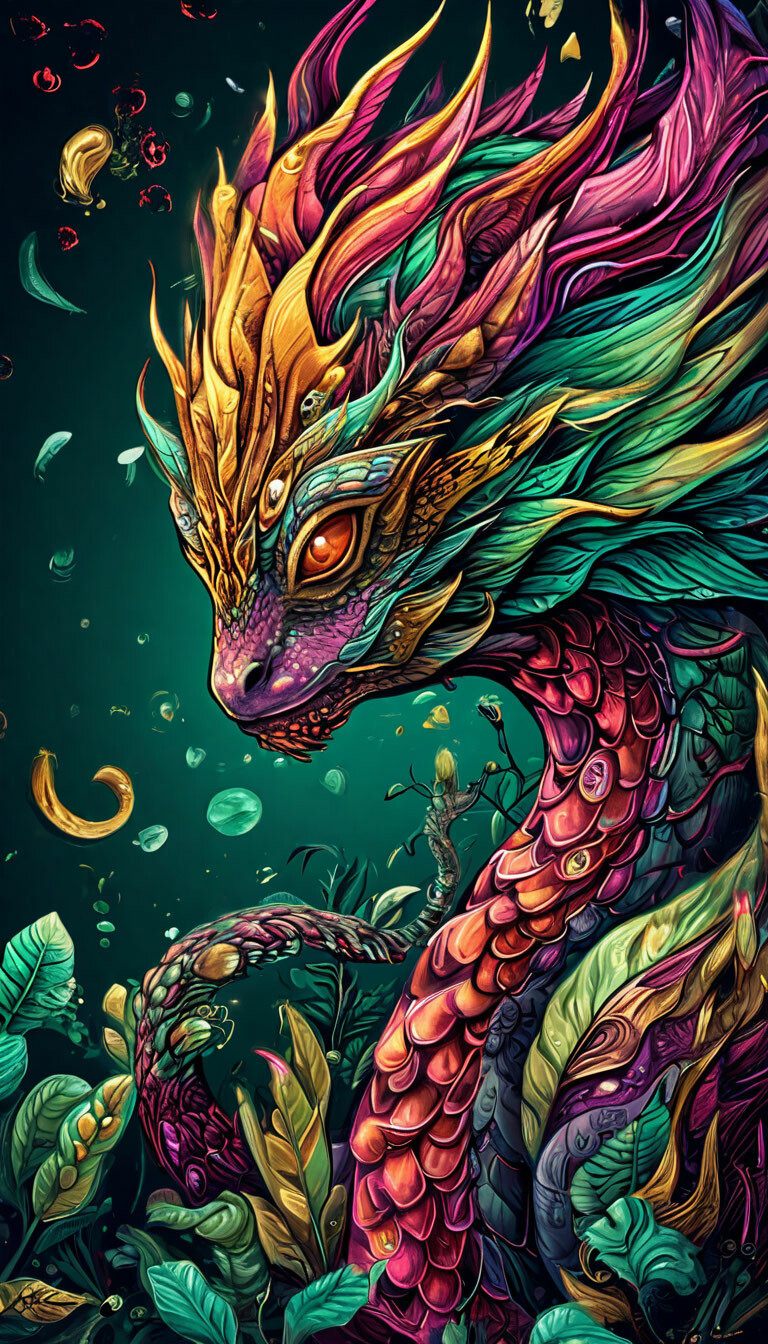 "👑Tvicsy👑 art, fantasy, surrealism, fiery creature with emerald-gold ...