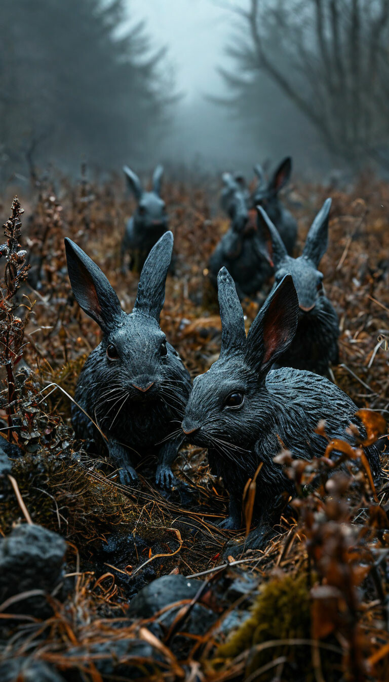 "Rabbits demons in black fields surrounded by evil spirits, creepy ...