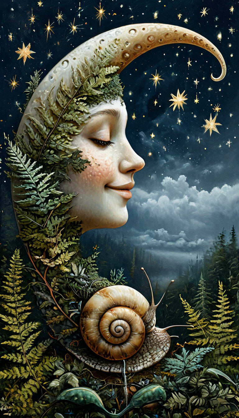 A large illustration of a crescent moon with a human face smiling ...