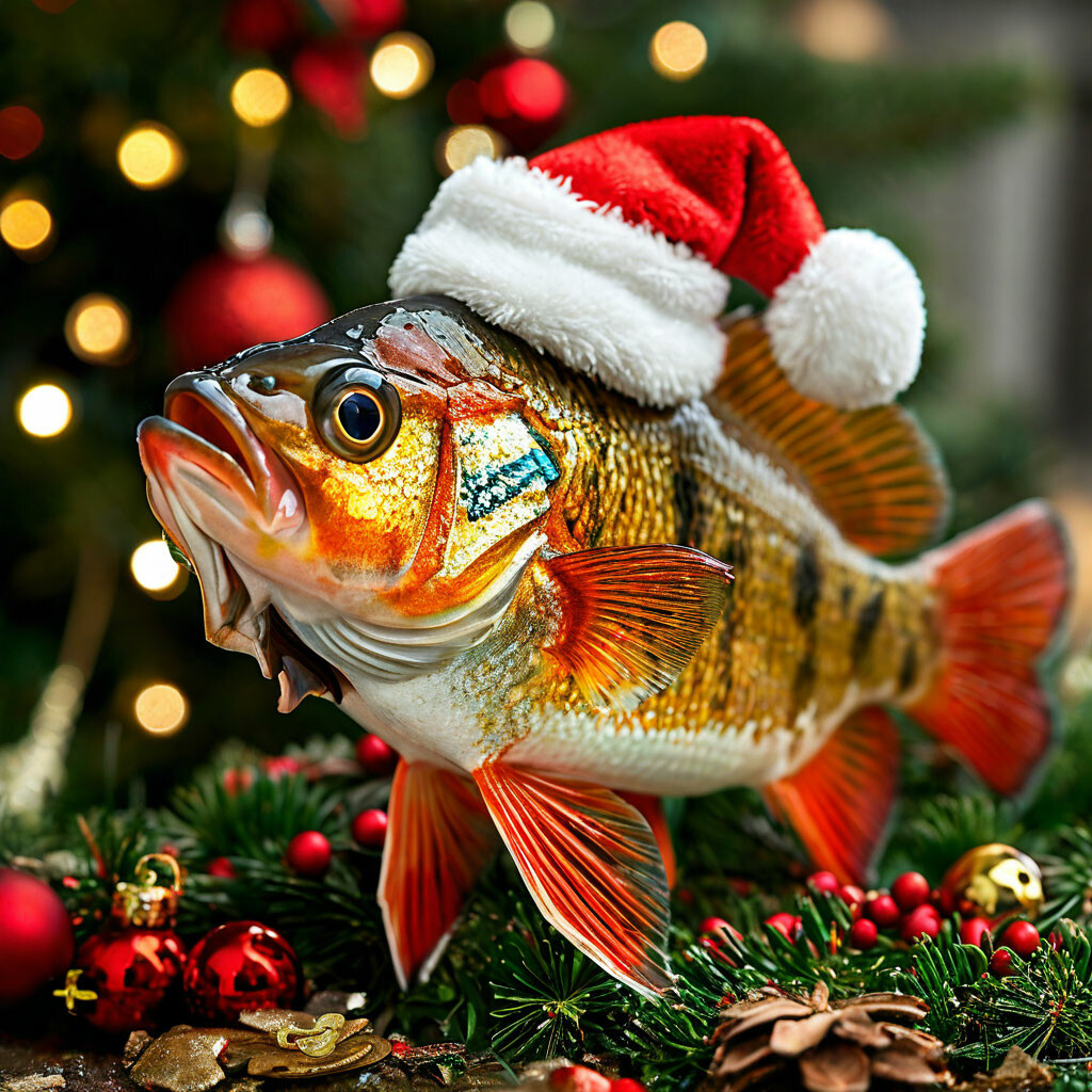 "Perch fish, a New Year's hat on his …" — image created in Shedevrum