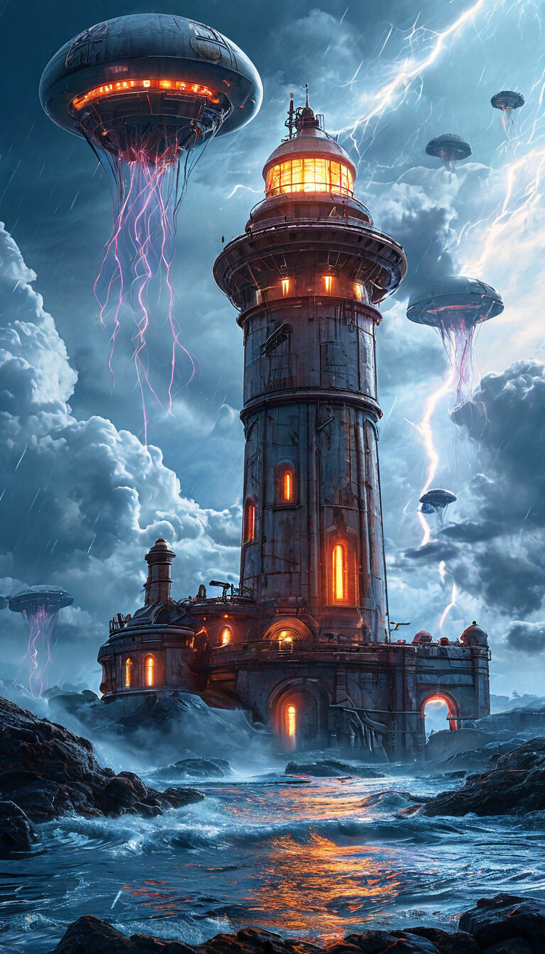 ". futuristic lighthouse in the style of star wars, an otherworldly ...