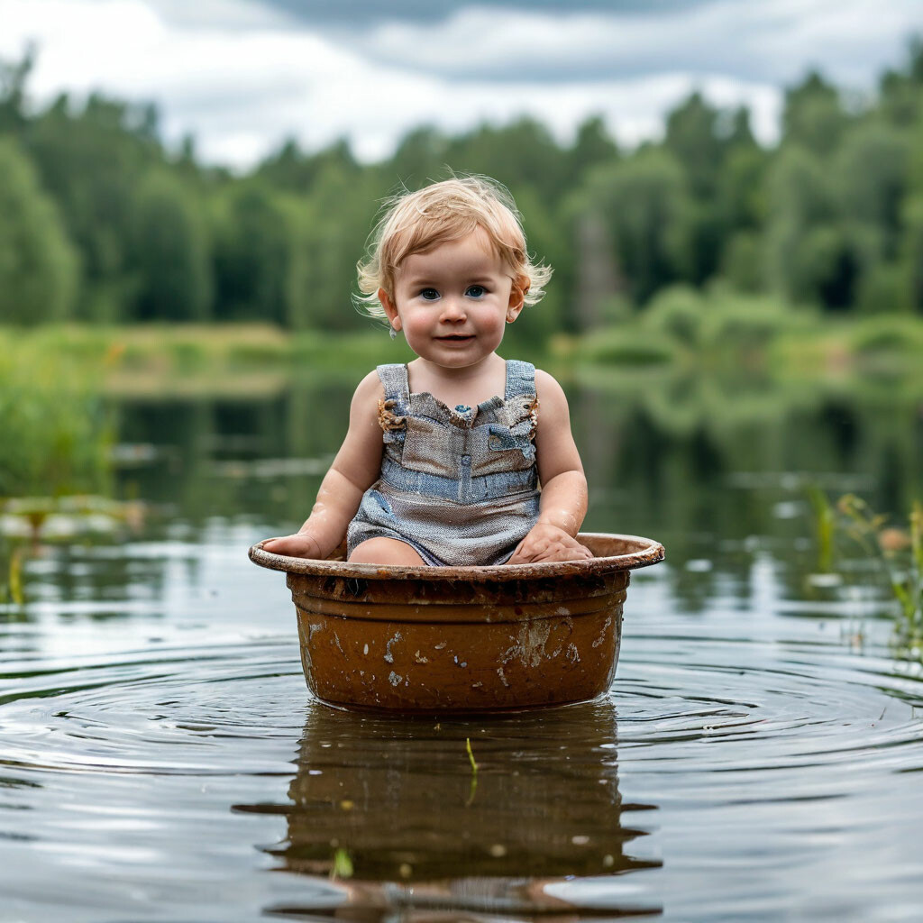 "A small child on a pot in the lake" — image created in Shedevrum