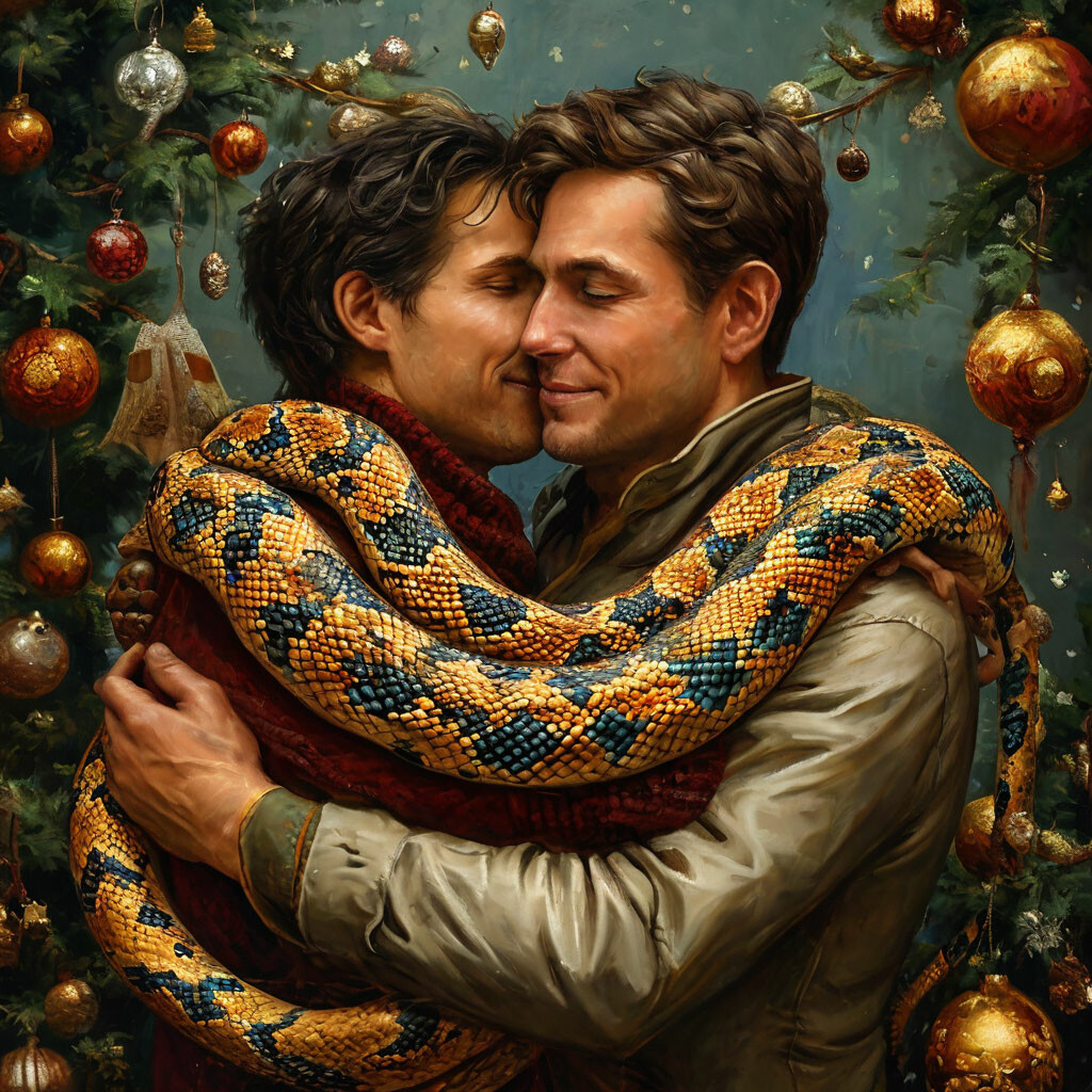 «Новый год, змея обнимается с …» — картинка создана в Шедевруме