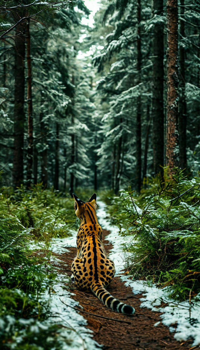 "Surreal serval sits on a path in a dense green forest with snow ...