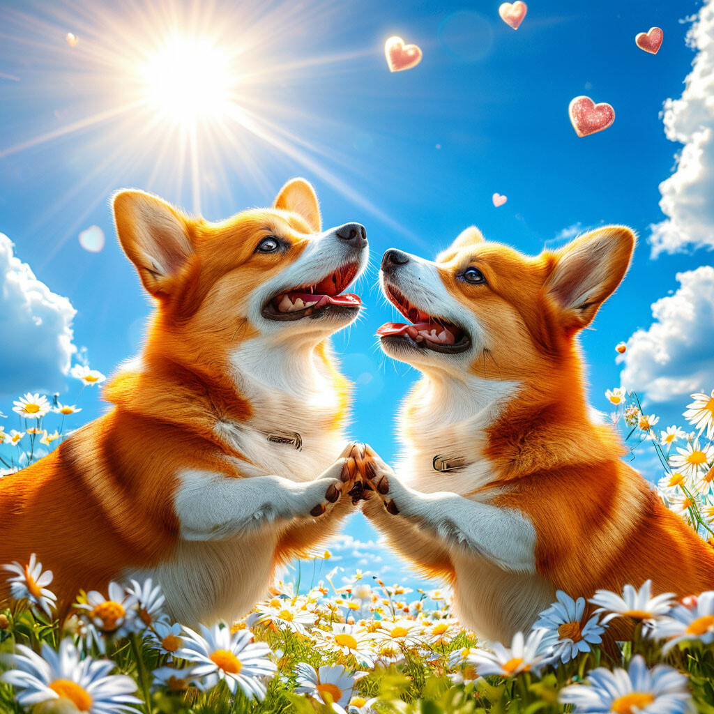"In the style of Rixar corgis are leaning against each other with their ...