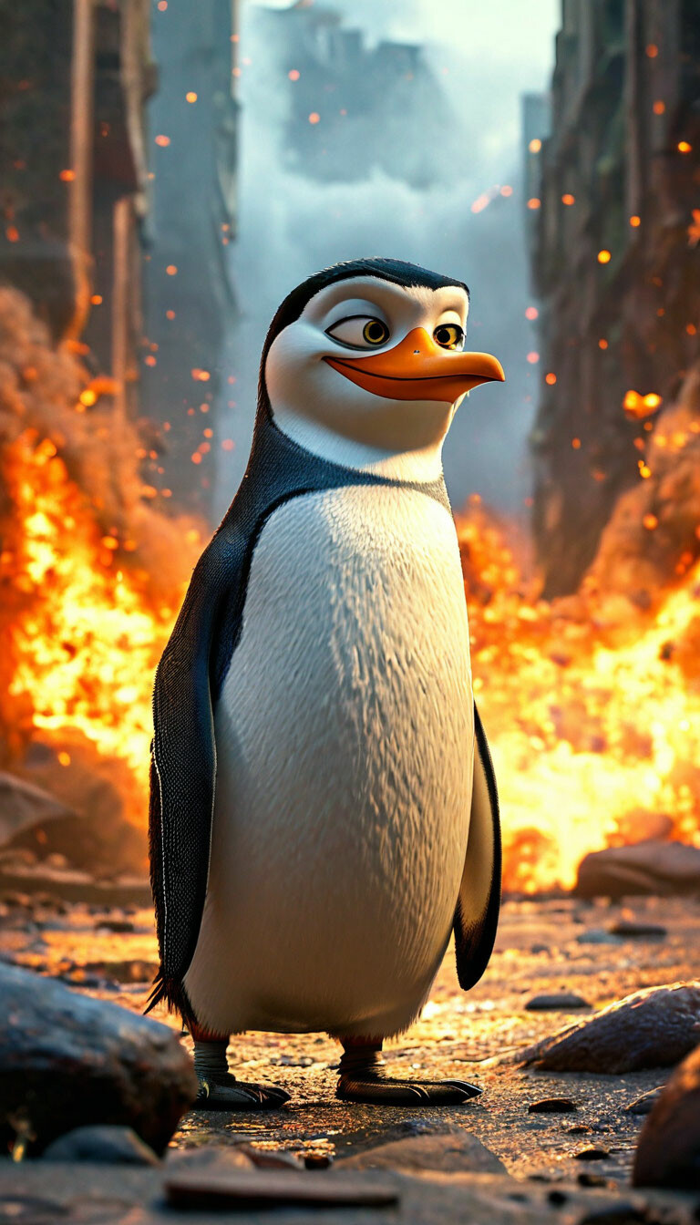 "Cinematic,penguins of Madagascar,explosion in the background,Pixar ...