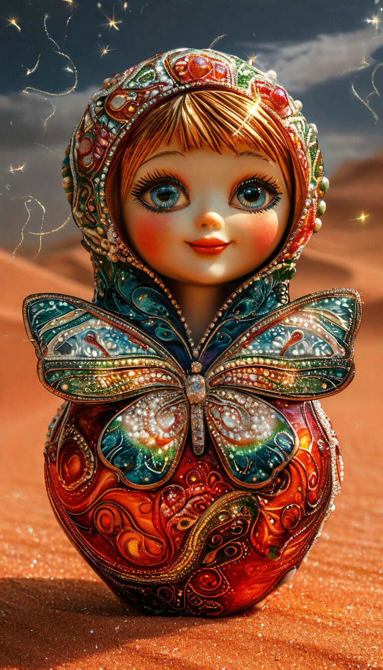 "Large sandy red dunes, a rainbow-colored matryoshka doll, a calla ...