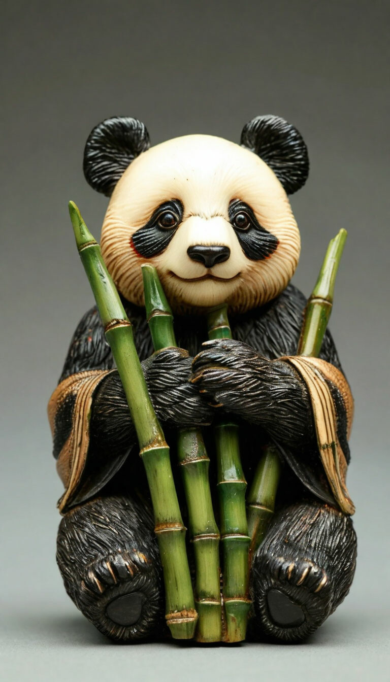 "Netsuke panda with bamboo" — image created in Shedevrum