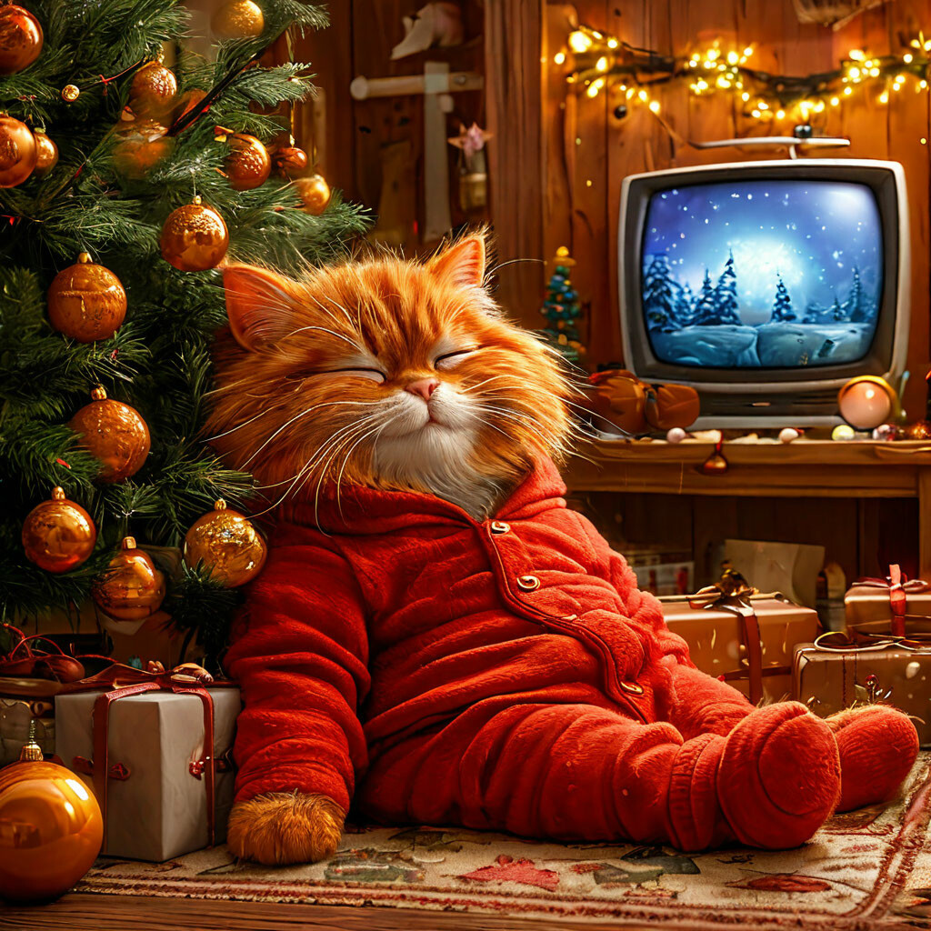 "A huge cartoon red fluffy cat in red …" — image created in Shedevrum