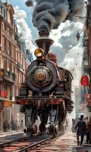 «A steam locomotive with mechanical elephant legs is walking through ...