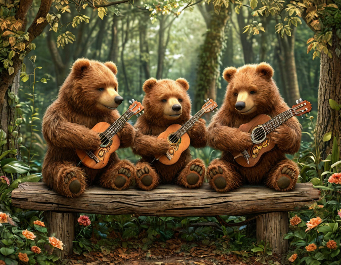 "A beautiful forest. A family is sitting on a bench, three bears. They play …" — image created ...
