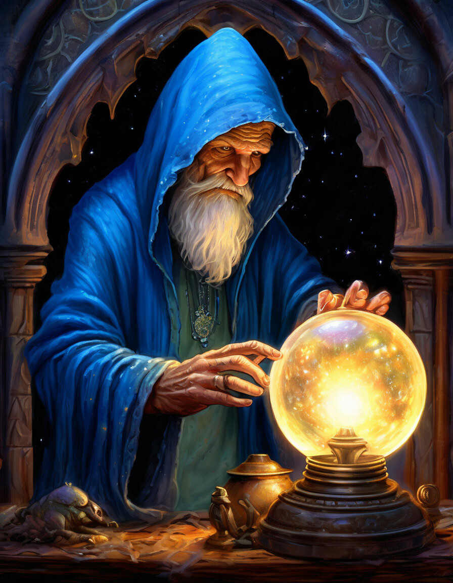 "An old wizard in a dusty blue hoodie with stars, looking into a ...