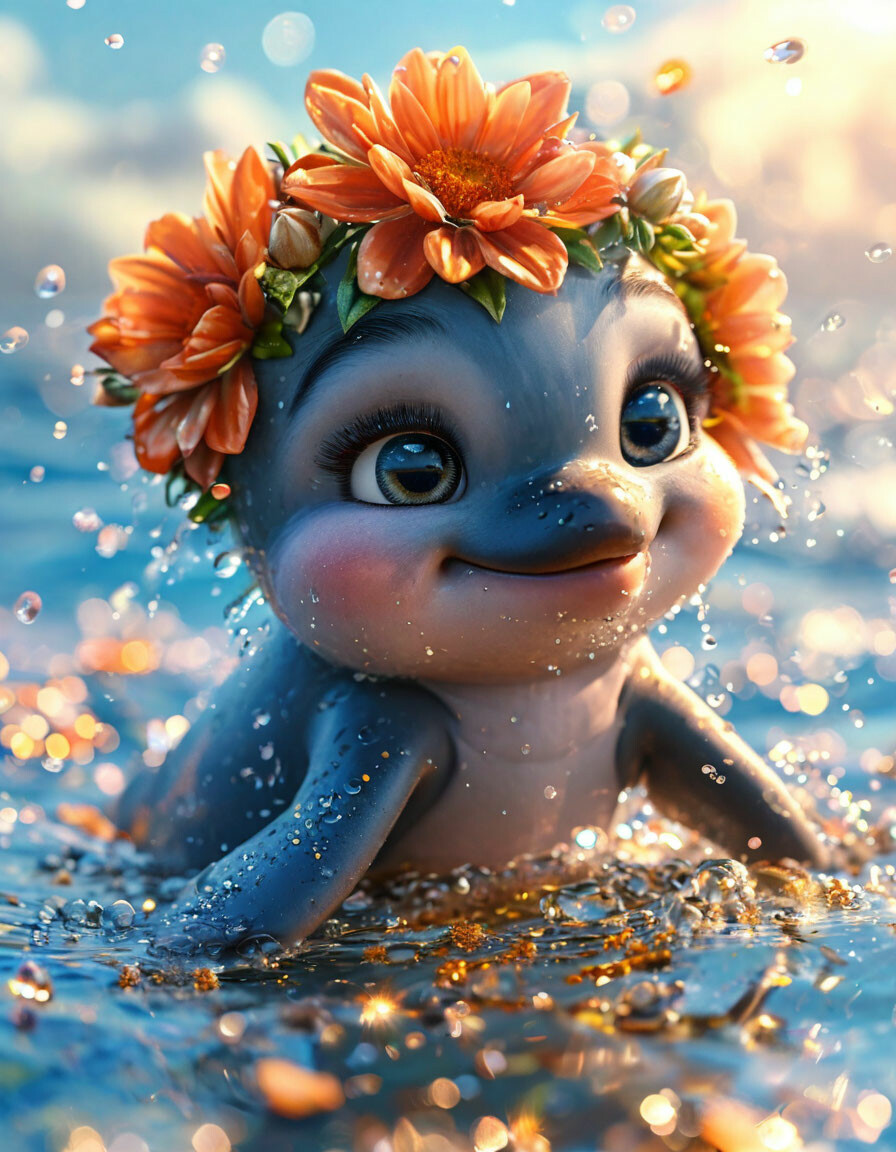 "💘 Cute, cartoon, cute baby fluffy dolphin cub,by the sea, ,long ...