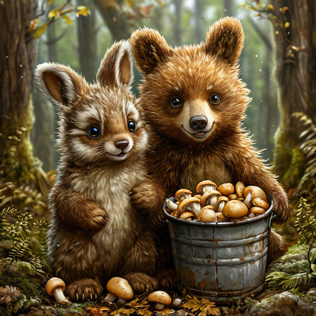 "A brown bear cub with small ears and a hare hare smile together and hold a bucket of butter ...