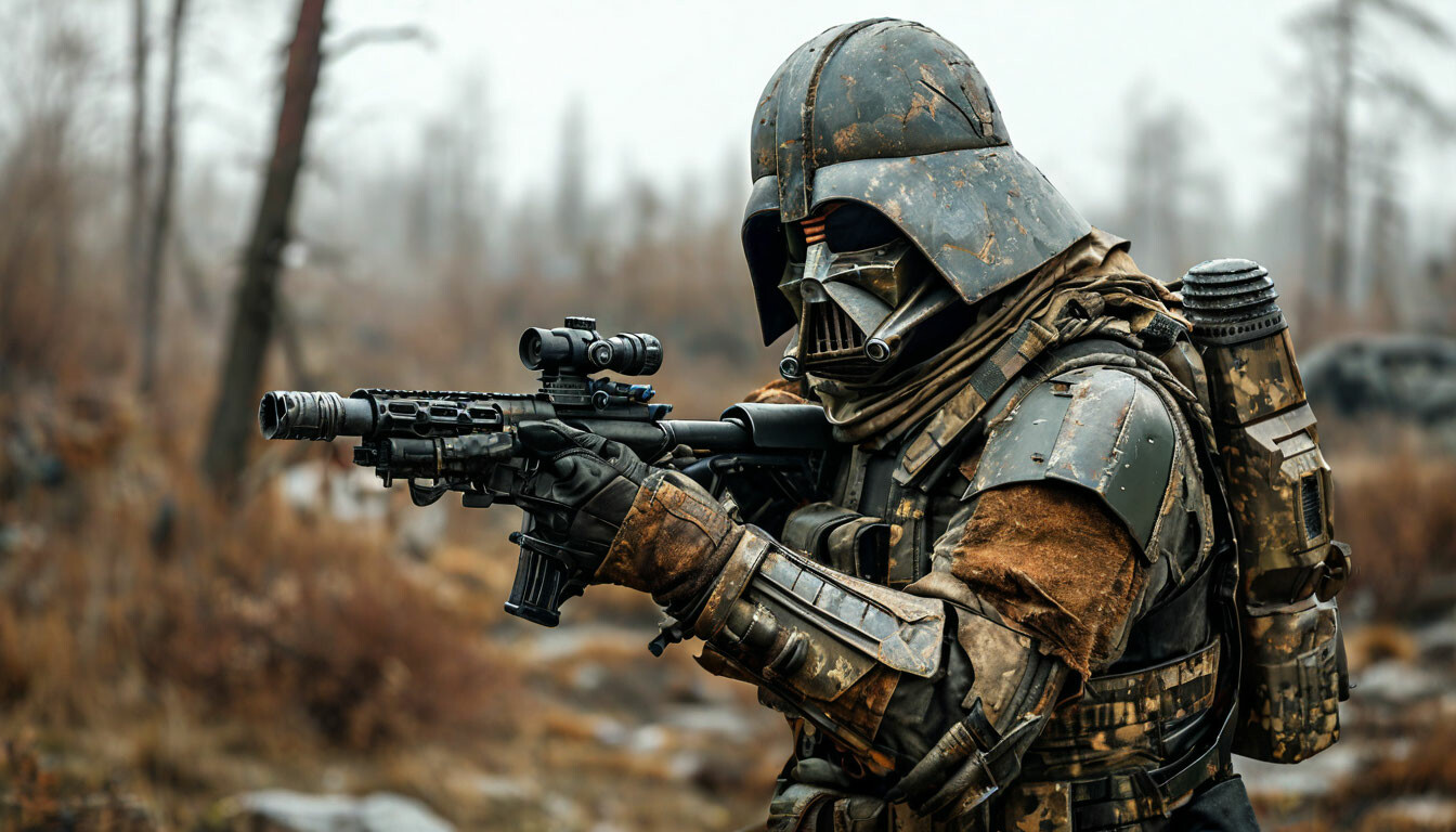 "Wasteland, scorched lands, post-apocalypse, stalker, viking in a Vader ...