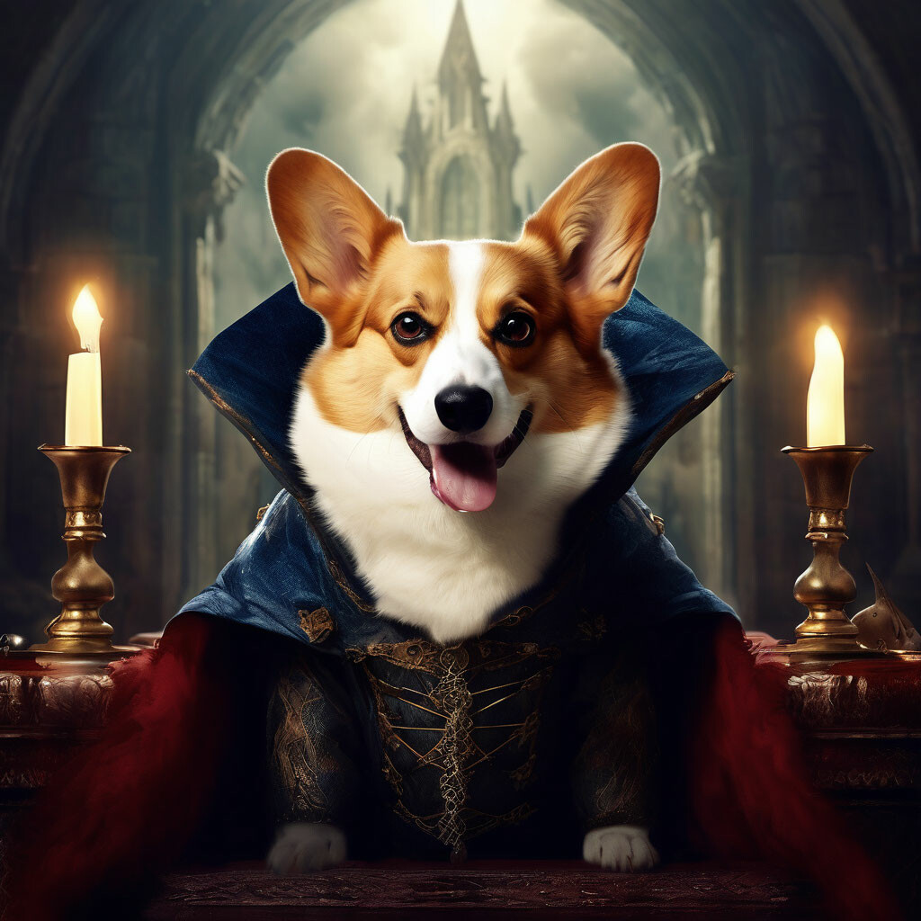 "A corgi dog with fangs in a medieval …" — image created in Shedevrum