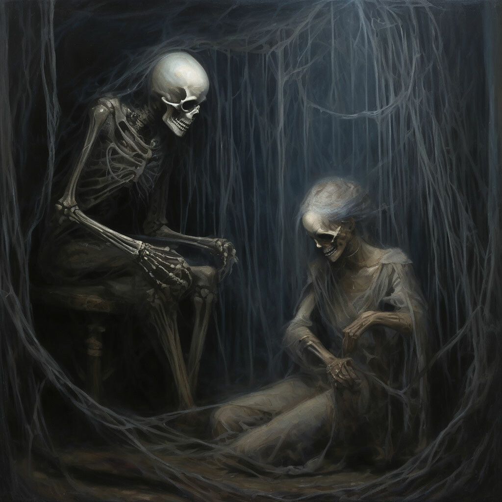 "A decrepit skeleton, entangled in …" — image created in Shedevrum
