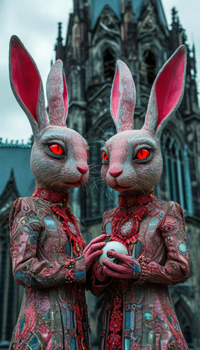 "Giant pink anthropomorphic hares with red eyes, holding an eyeball on ...