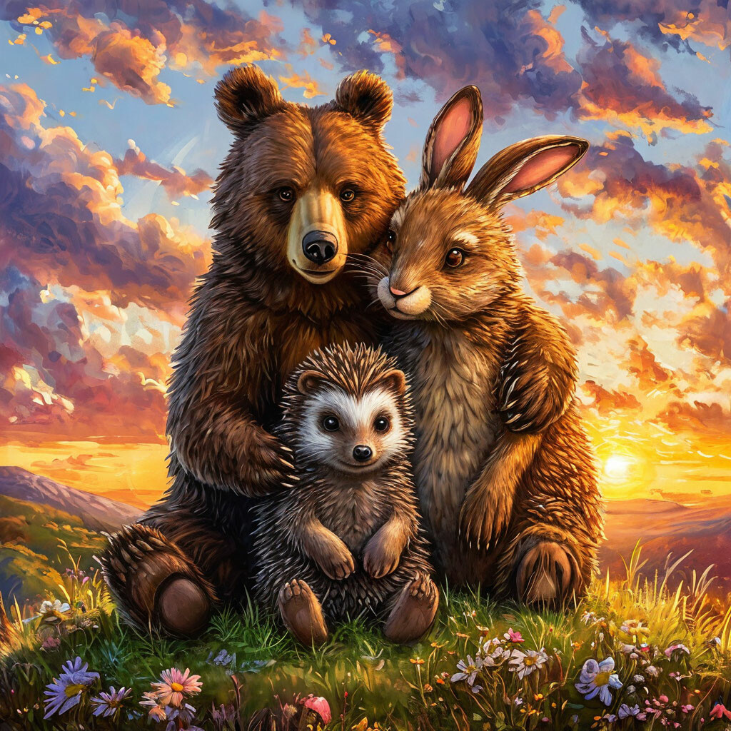 "A hare, a bear and a hedgehog, A divine sunset, on a hill near sunset, a hare, a bear and a ...