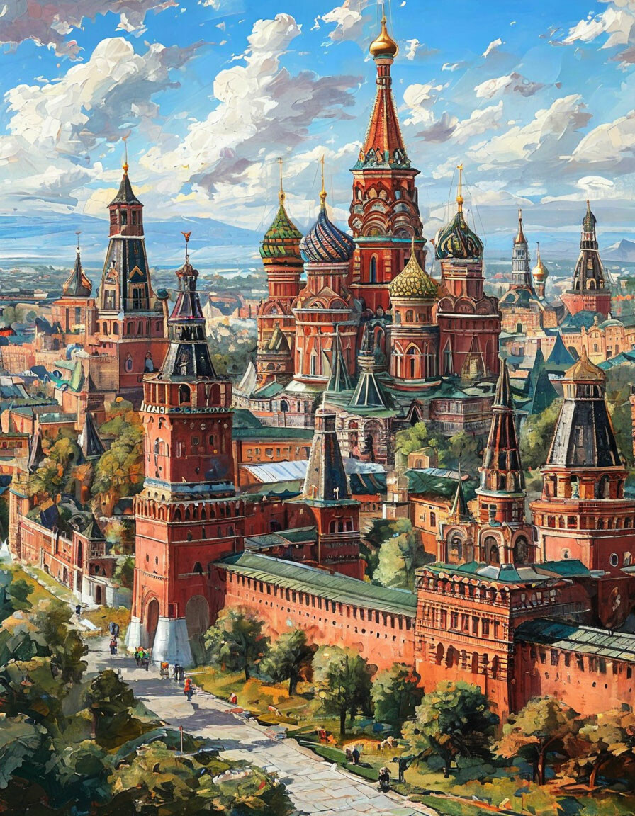 "Russian Russian medieval city in the style of Russian painting of the ...