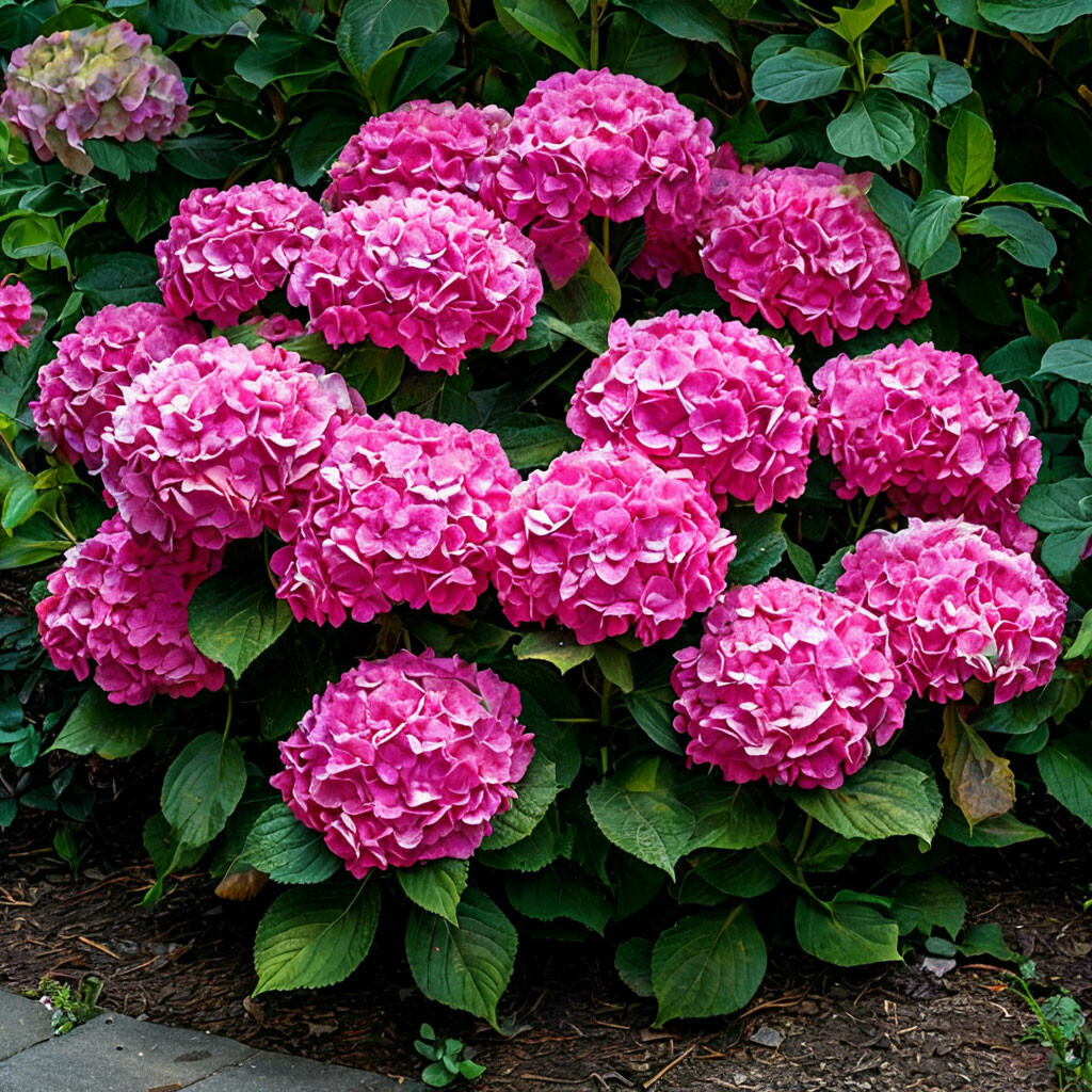 "Gorgeous lush hydrangea bush large caps of rich pink flowers" — image ...