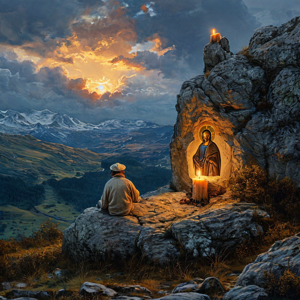 "Realistic photo: a shepherd of a flock of sheep sat down on a large ...