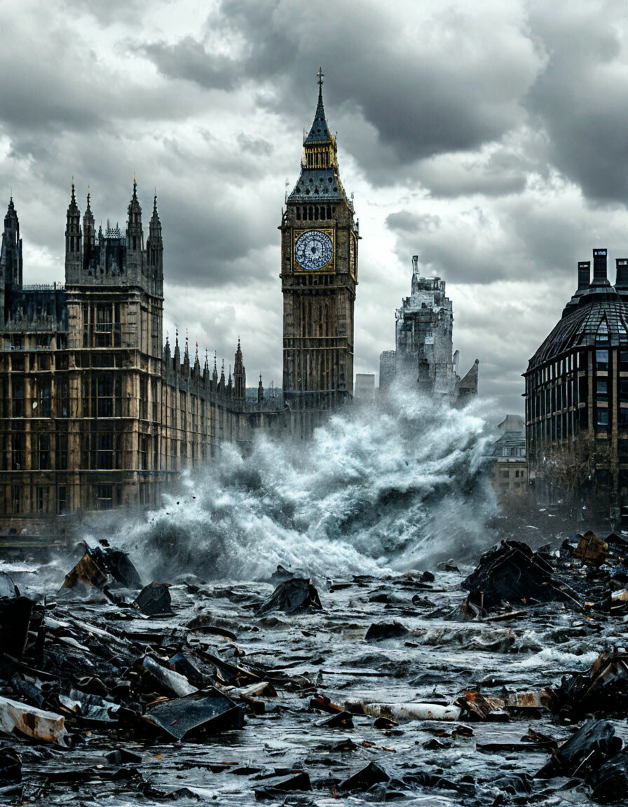 "🤫 Double exposure, the death of London is covered by a tsunami wave ...