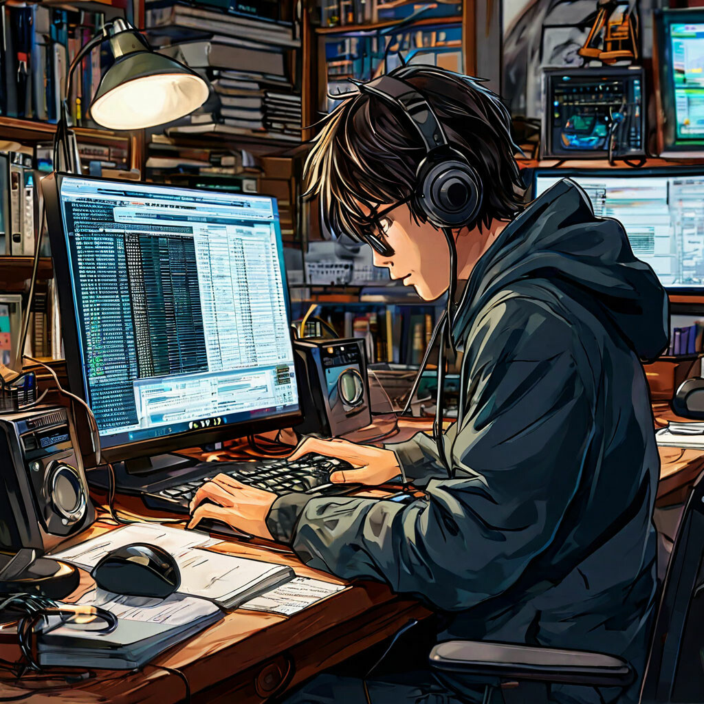 "Programmer at work anime style" — image created in Shedevrum