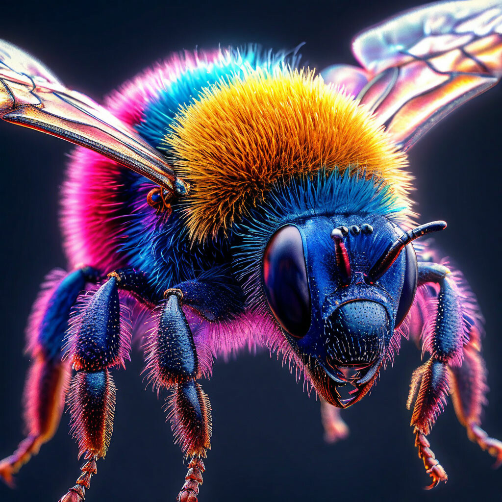 "A huge hairy rainbow bumblebee made of colored smoke. macro ...