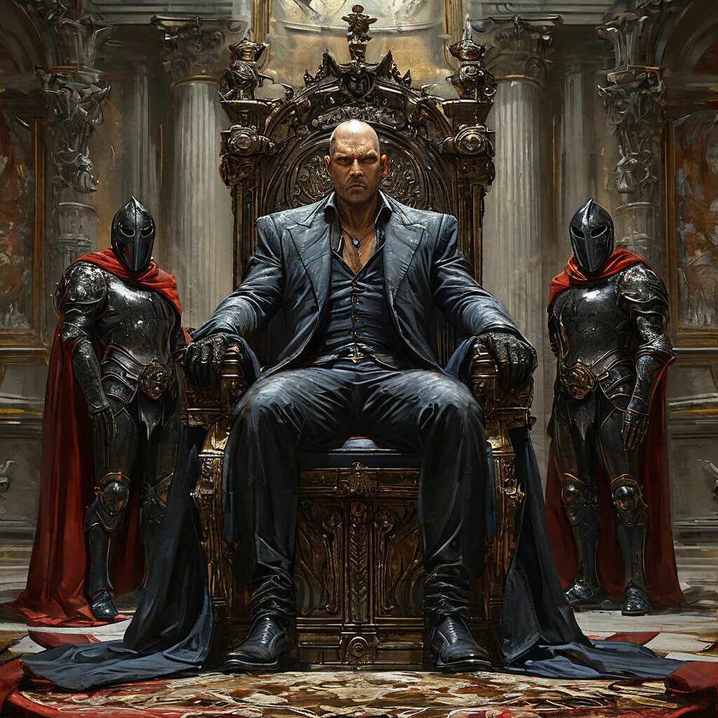 ". A man with a stony expression sits on a steel throne. There are a ...