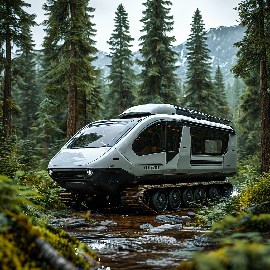 "Futuristic tracked amphibious all-terrain vehicle, motorhome, mountain ...