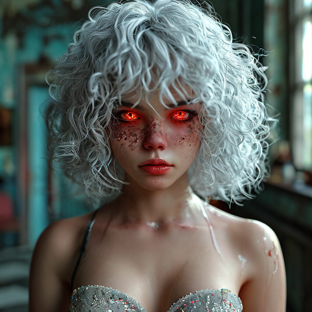 "Zxc ghoul girl (red eyes, curly white…" — image created in Shedevrum