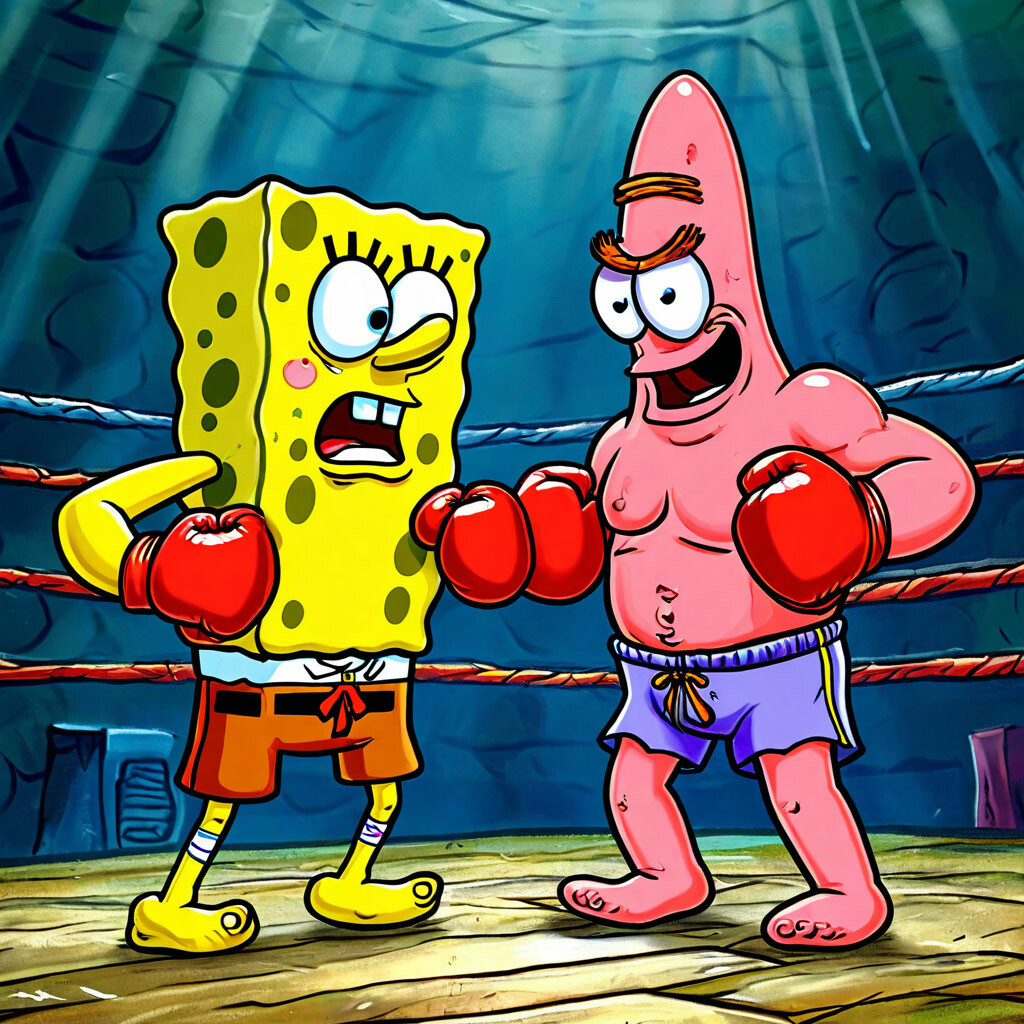 "SpongeBob Boxer fights against boxer …" — image created in Shedevrum