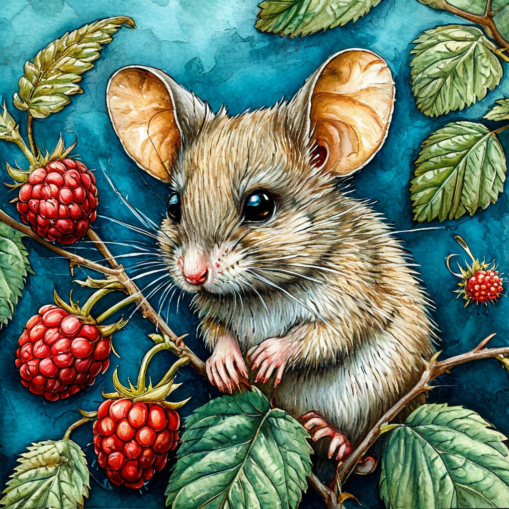 "A mouse and a sprig of raspberries. …" — image created in Shedevrum