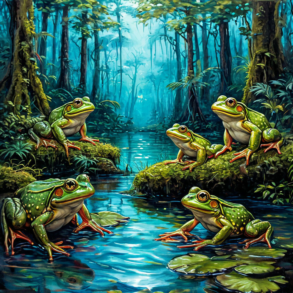 "Frogs in the swamp, neon" — image created in Shedevrum