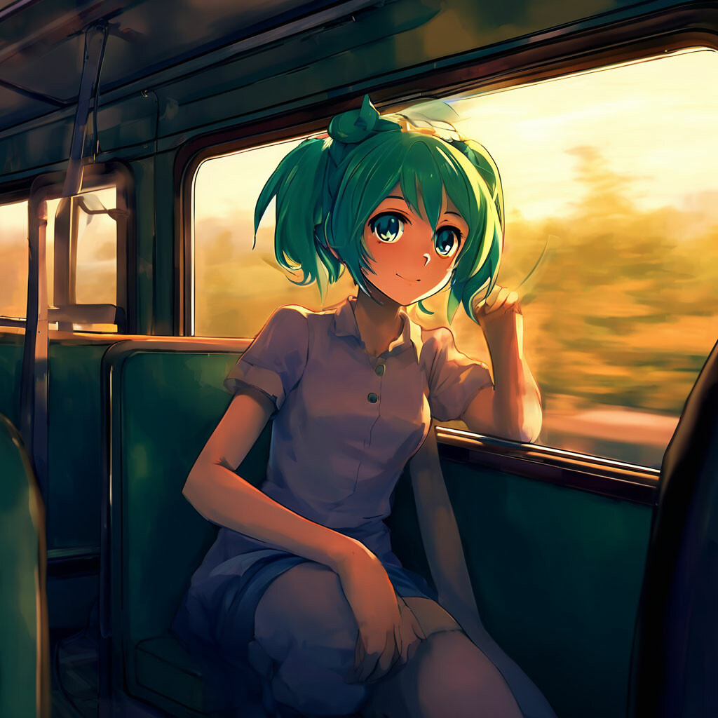 "Miku is riding an old bus Ultra …" — image created in Shedevrum