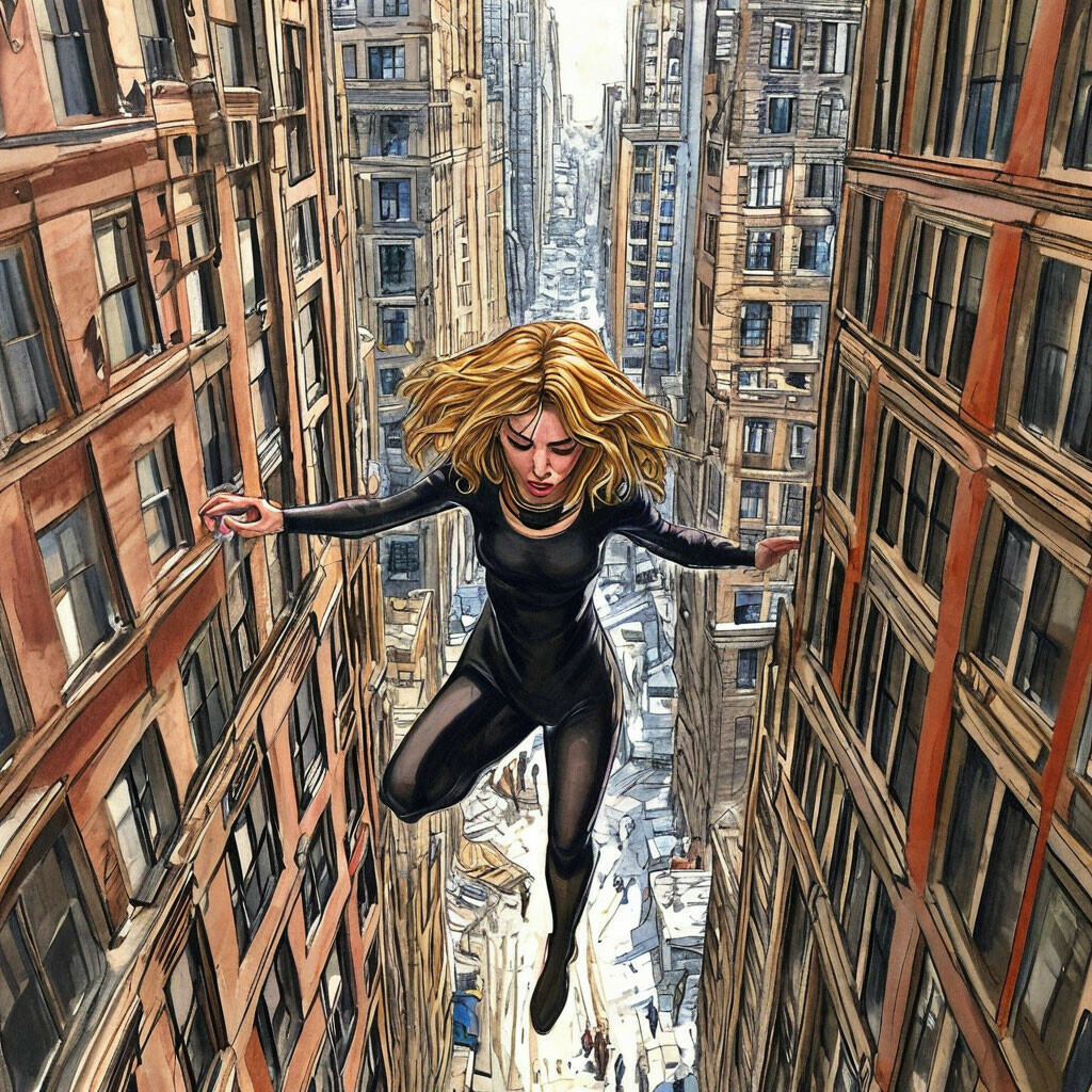 "Gwen Stacy falls from a building with her back down, colored pencil ...