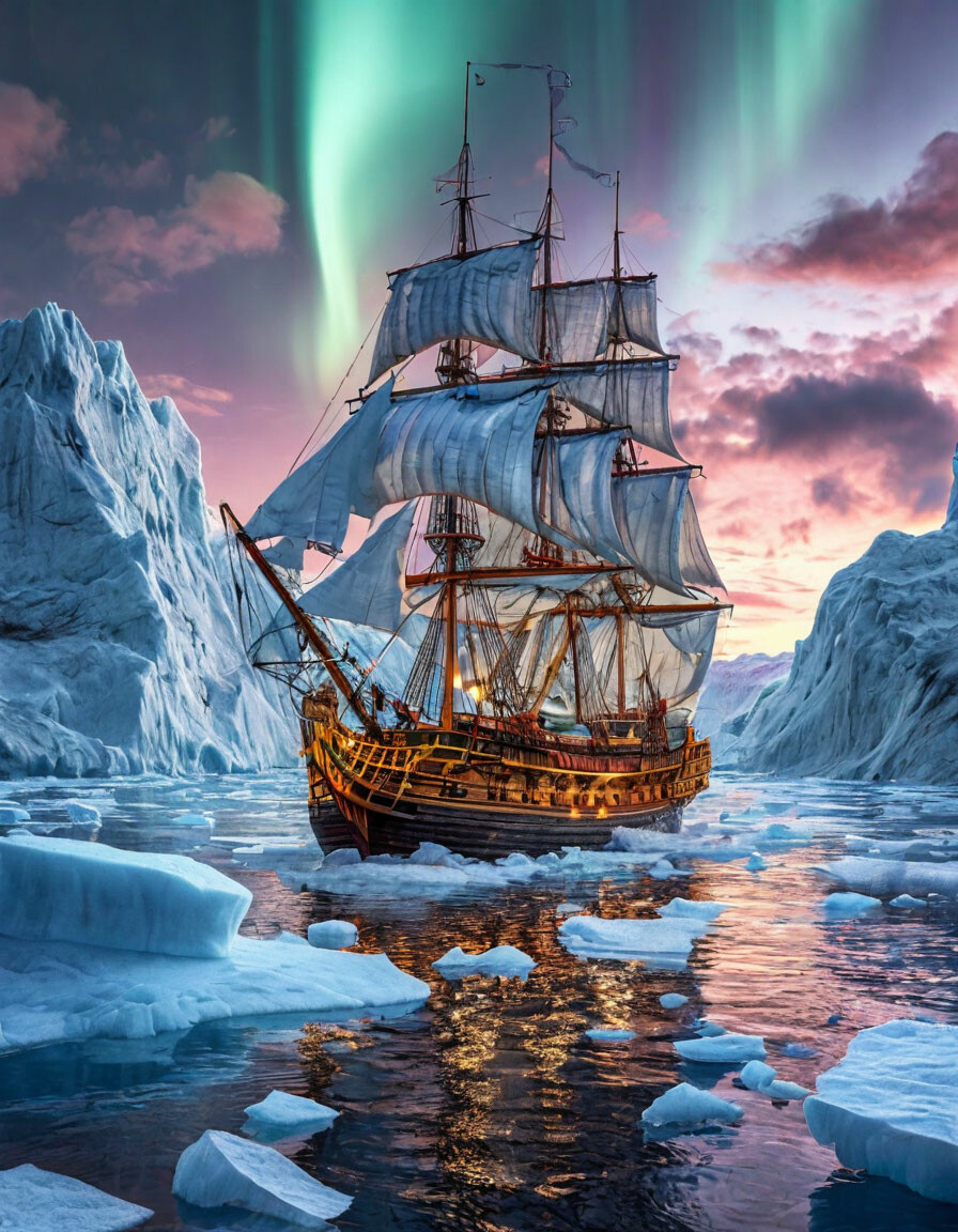 "Baroque ship sailing among ice floes…" — image created in Shedevrum