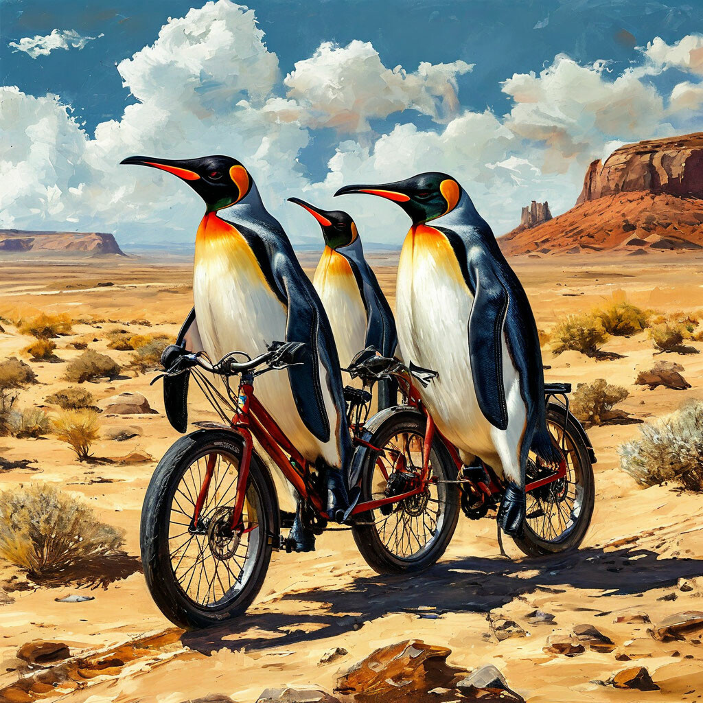 "Penguins in the desert on bikes" — image created in Shedevrum