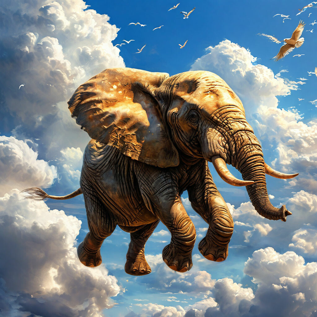 "A flying elephant is flying in the …" — image created in Shedevrum
