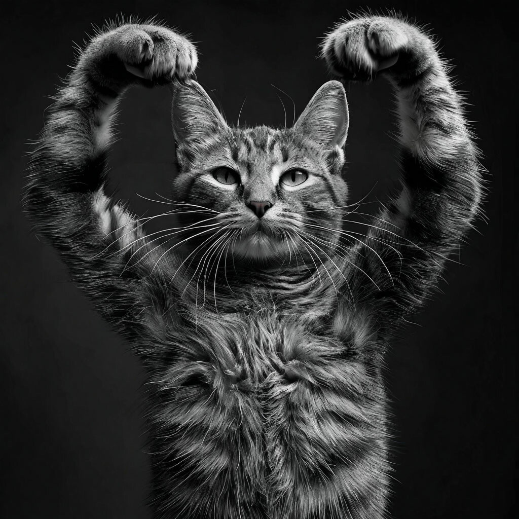 "Gato Jock prensa manos infladas …" — imagen creada en Shedevrum