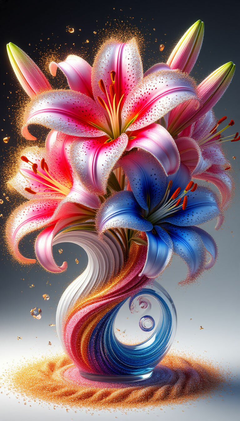 "An elegant spiral sculpture,a bouquet of lilies growing from blue and ...