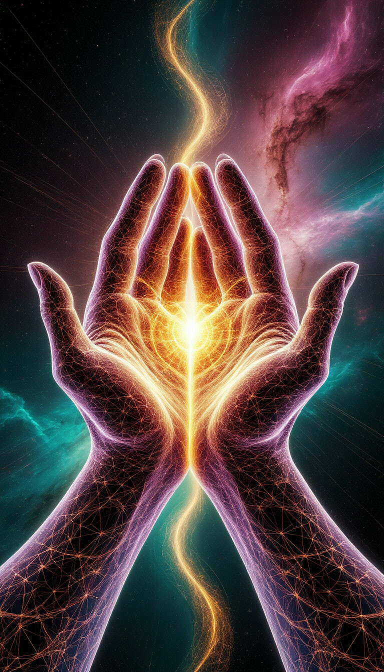 "The plasma-ethereal hands of the creator embrace the essence that ...