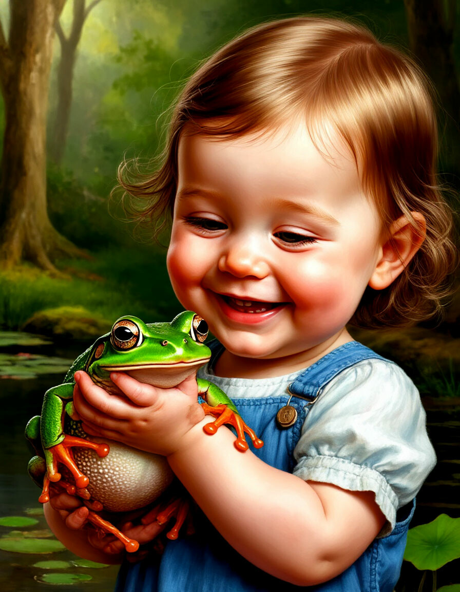 "A four-year-old baby smiles at a frog she holds in her arms ...