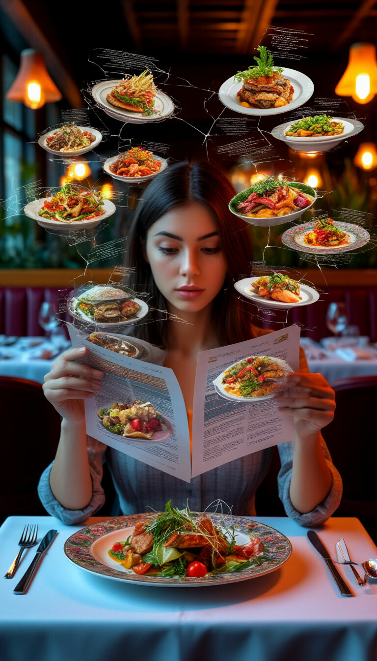 "Surreal holographic fantasy. Revived restaurant menu. A girl is ...