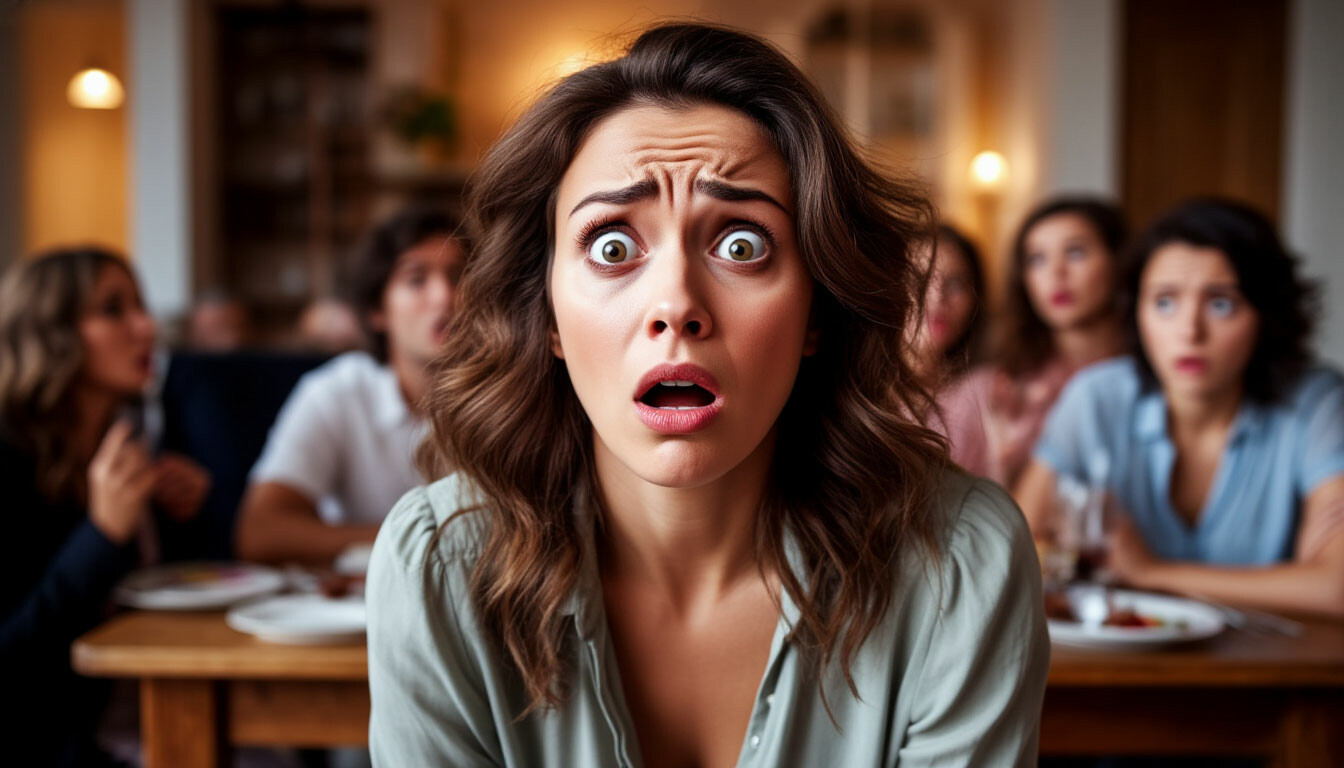 "The guests look into the distance in the background in surprise, an ...
