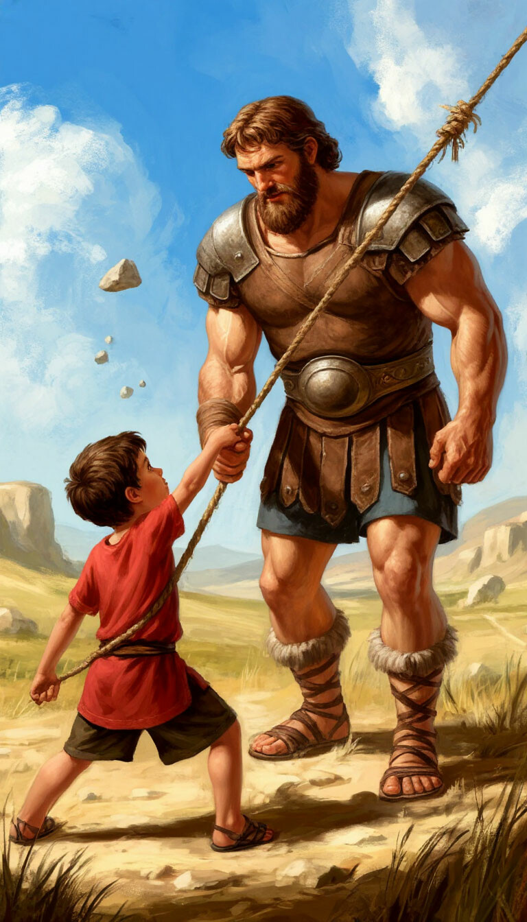 "David and Goliath. A boy uses a sling to throw a stone at Goliath ...