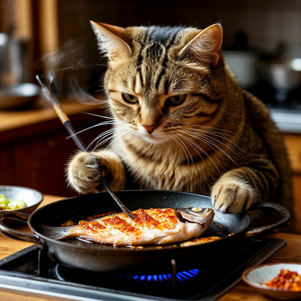 "The cat is frying fish" — image created in Shedevrum