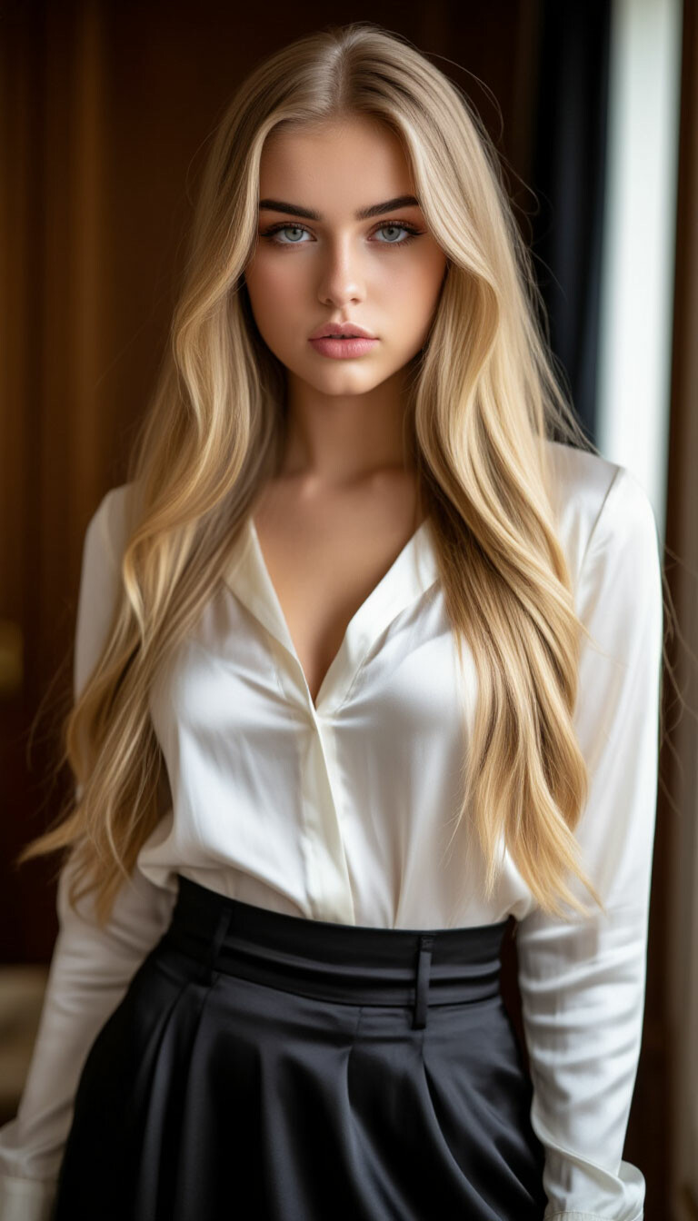 "Domineering 18-year-old girl, haughty look, long blonde hair, white ...