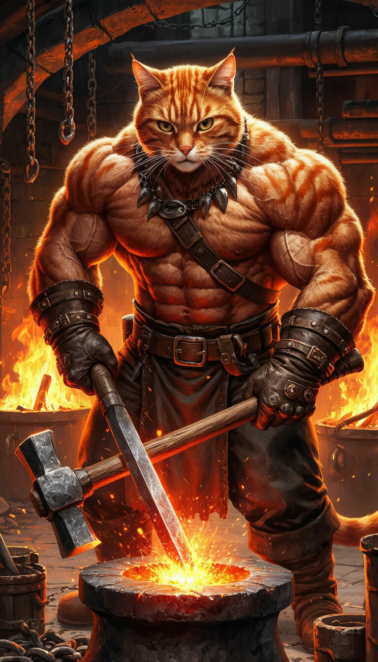 "The reed cat blacksmith, a muscular giant, Holds a pound hammer In his ...